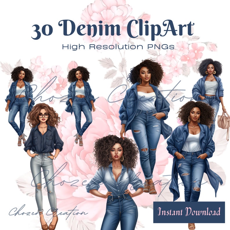 Denim Fashion Clipart PNGS, Girl Fashion, Women Clipart 30pngs - Etsy