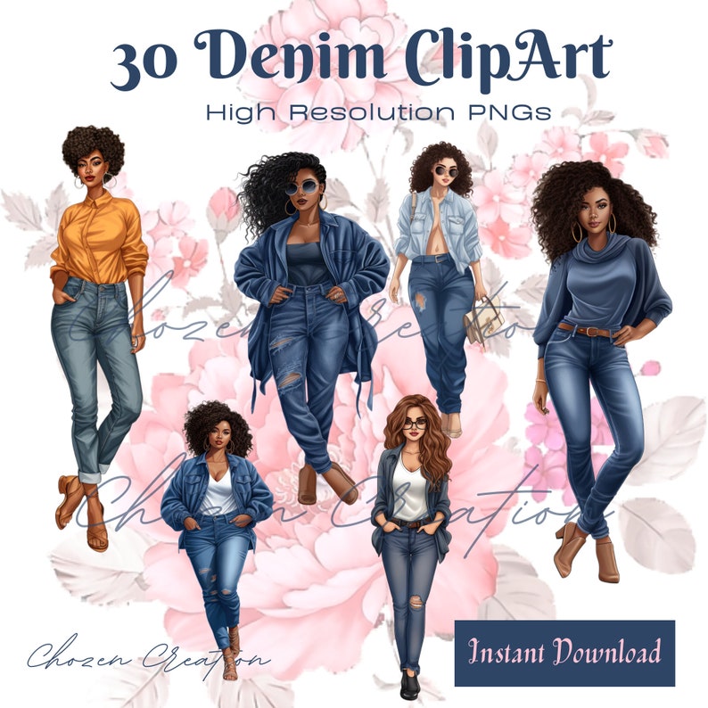 Denim Fashion Clipart PNGS, Girl Fashion, Women Clipart 30pngs - Etsy