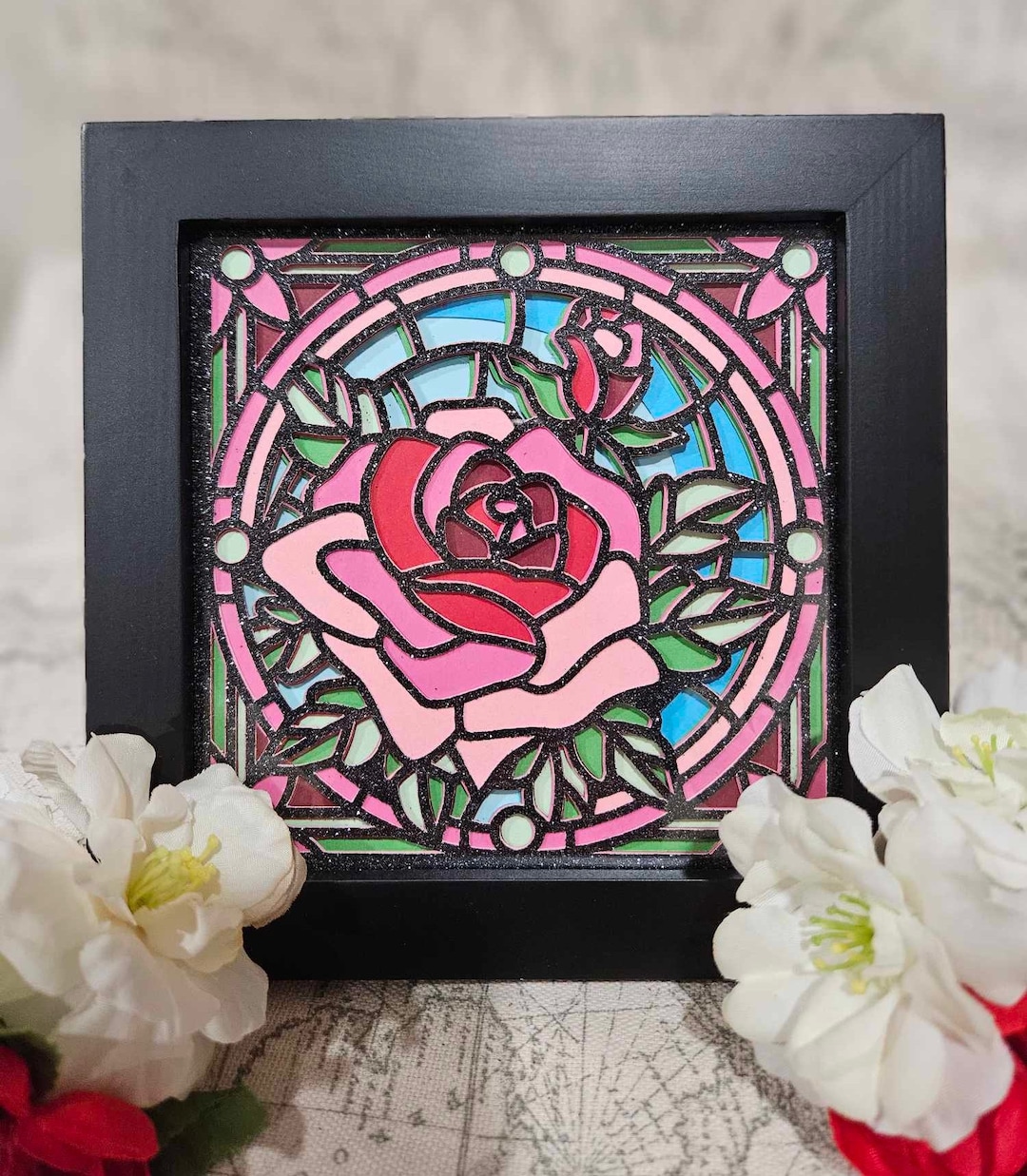 3D Stained Glass Rose Mini Shadow Box Frame Teacher Gift Mens Gift ...