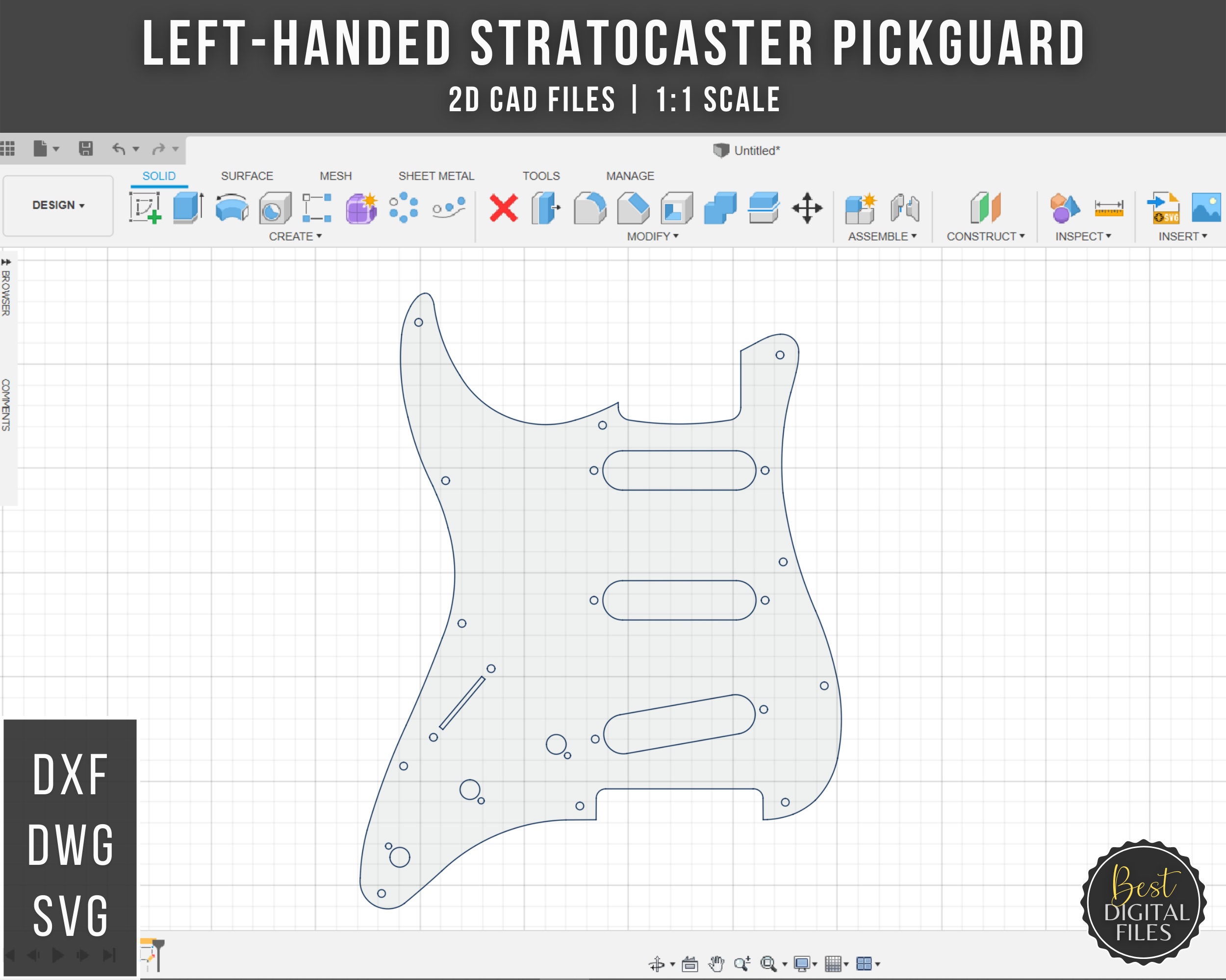 Left-handed Fender Stratocaster Pickguard 2D CAD Files 1:1 Scale Dxf ...