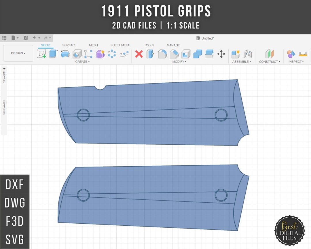 1911 Grips 2D CAD Files Dxf Svg Dwg F3d 1 1 Scale Instant Download For