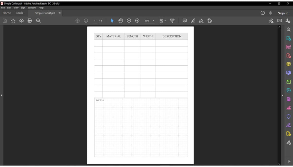 Cutlist Template With Sketch Grid for Woodworkers PDF XLSX CSV Files ...