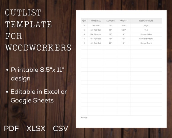 Simple Lumber Cutlist Template for Woodworkers PDF XLSX CSV - Etsy