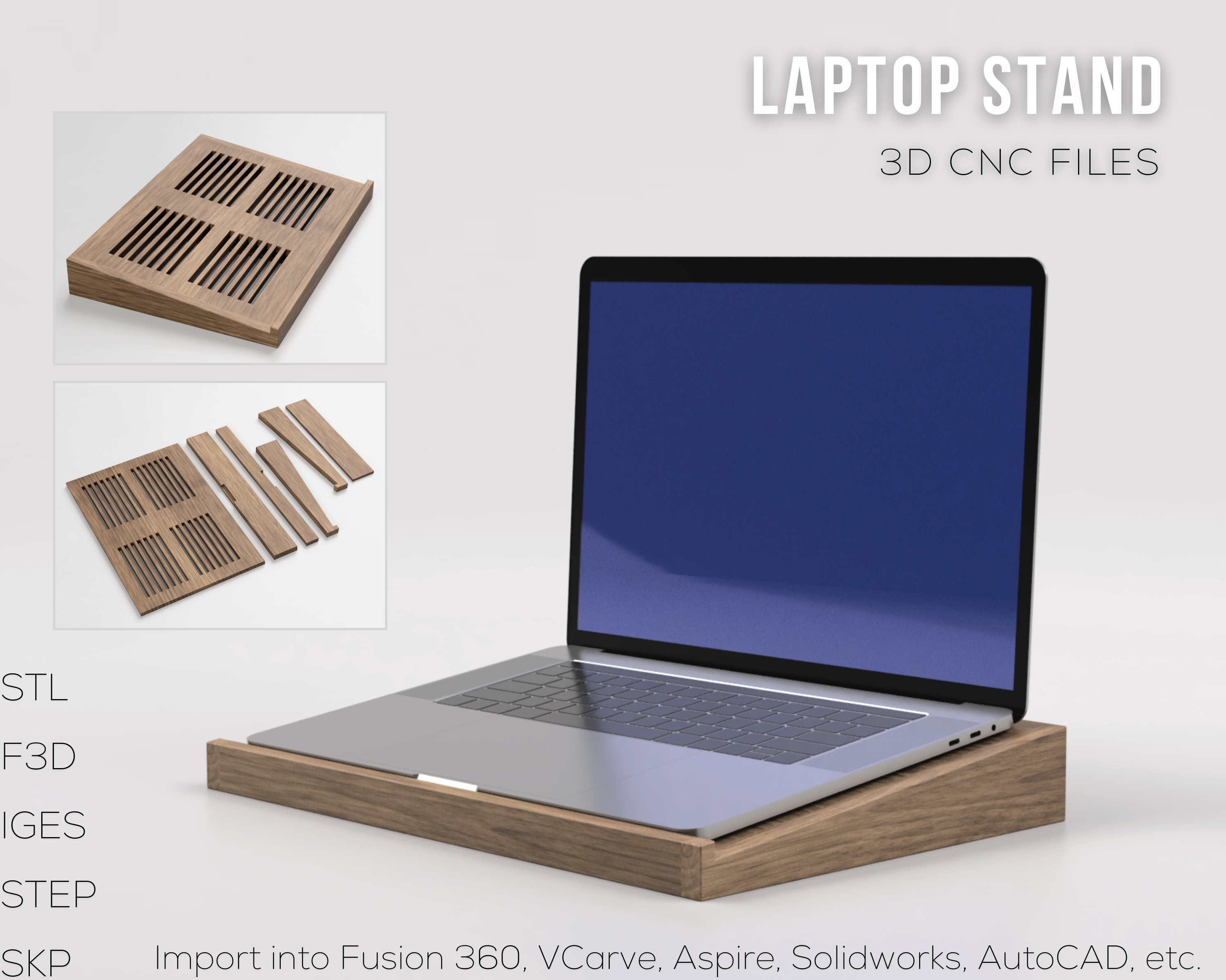 Wooden Laptop Stand 3D CNC Files F3d Stl Step Skp Iges 1:1 Scale ...