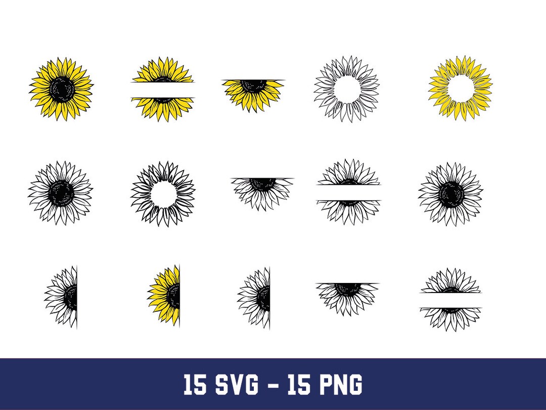 Sunflower SVG Bundle: Split Sunflower PNG, Floral Clipart (digital ...