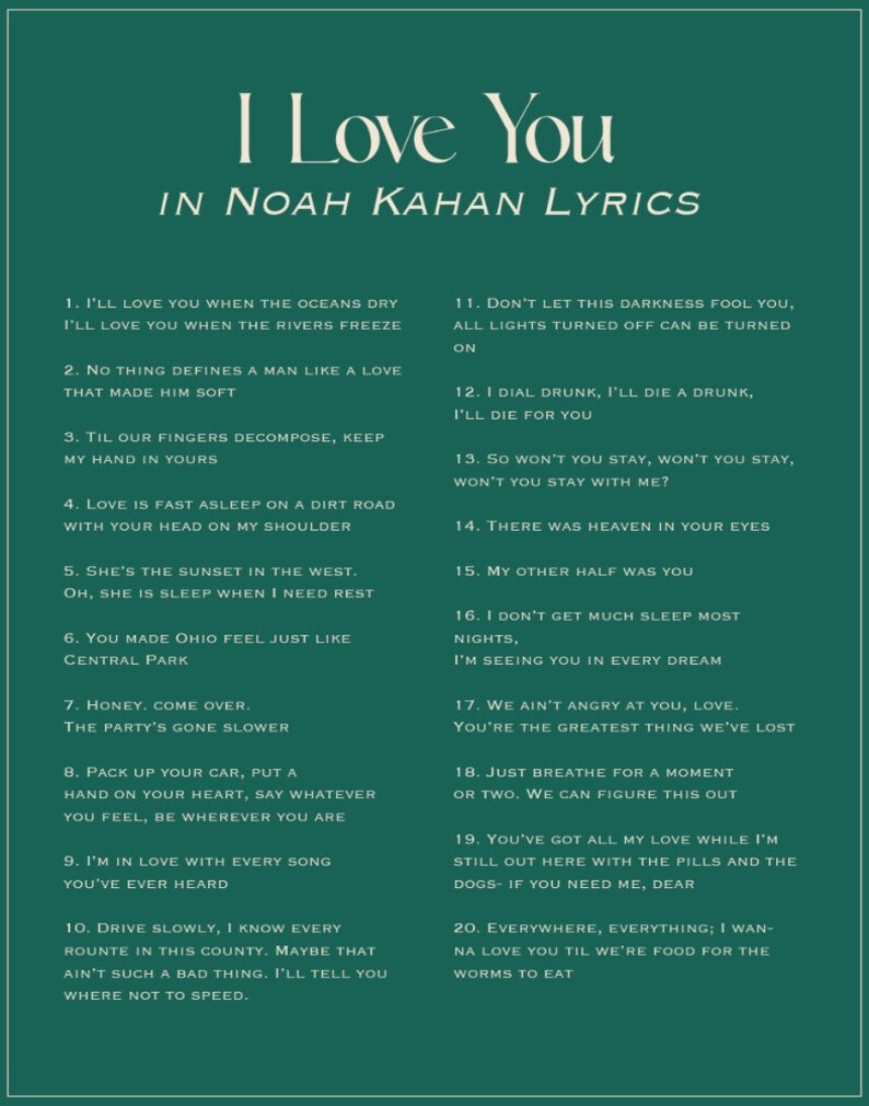 I Love You In Noah Kahan Lyrics Etsy Israel