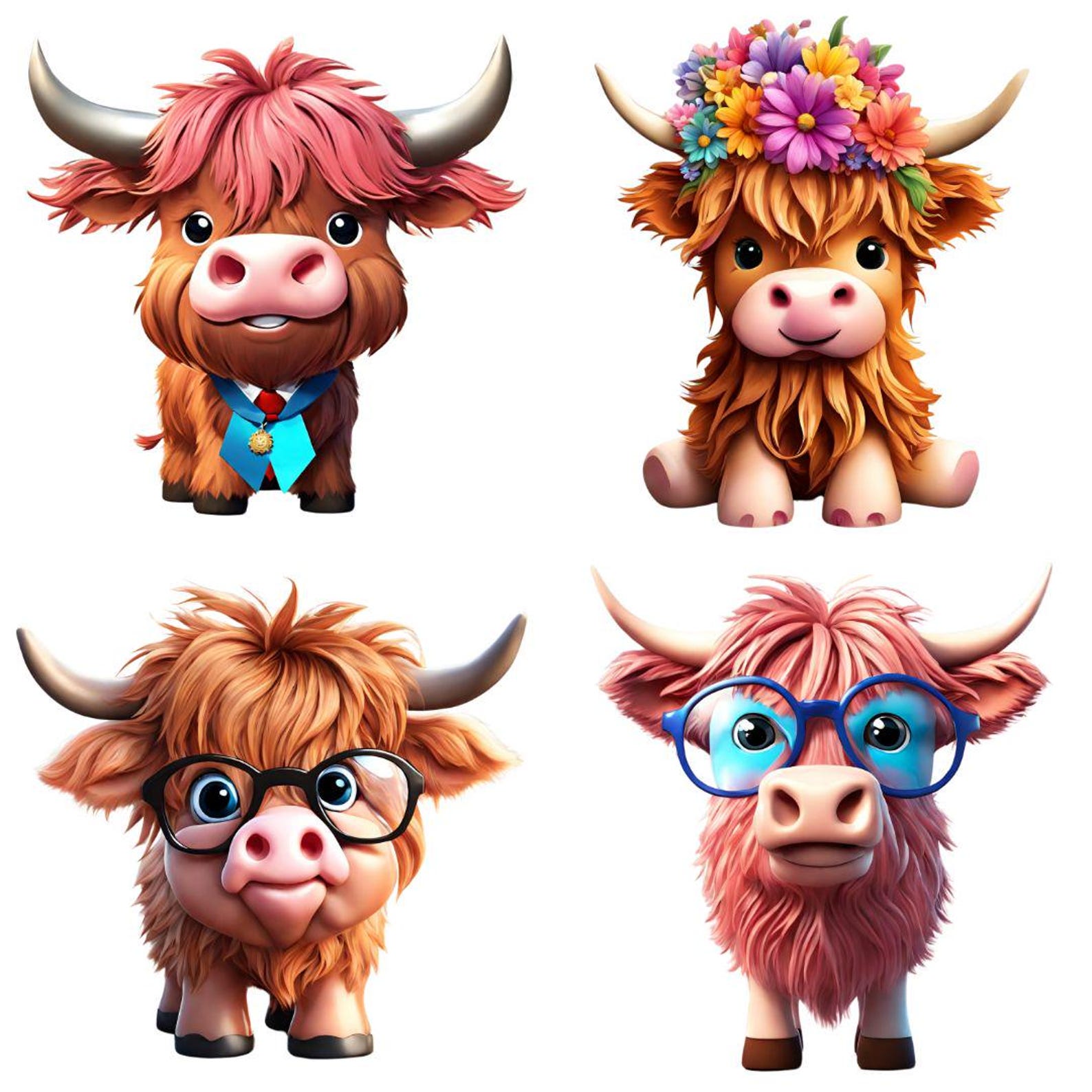 Cute and Funny Highland Cow PNG Clipart Farm Animal Clipart Whimsical ...