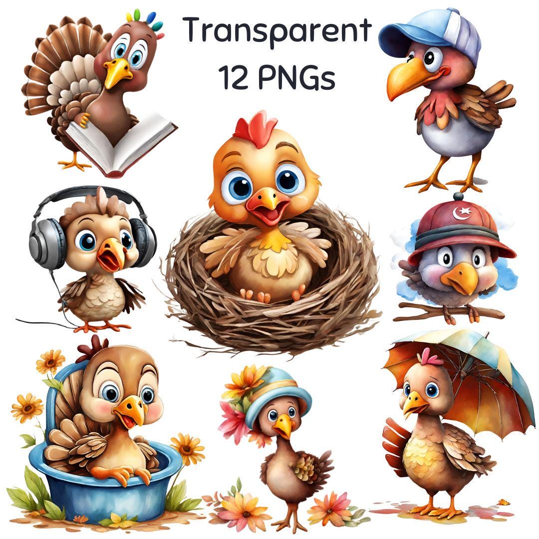 Cute Turkey Clipart Bundle Cartoon Turkey Clipart Funny Turkey Baby PNG ...