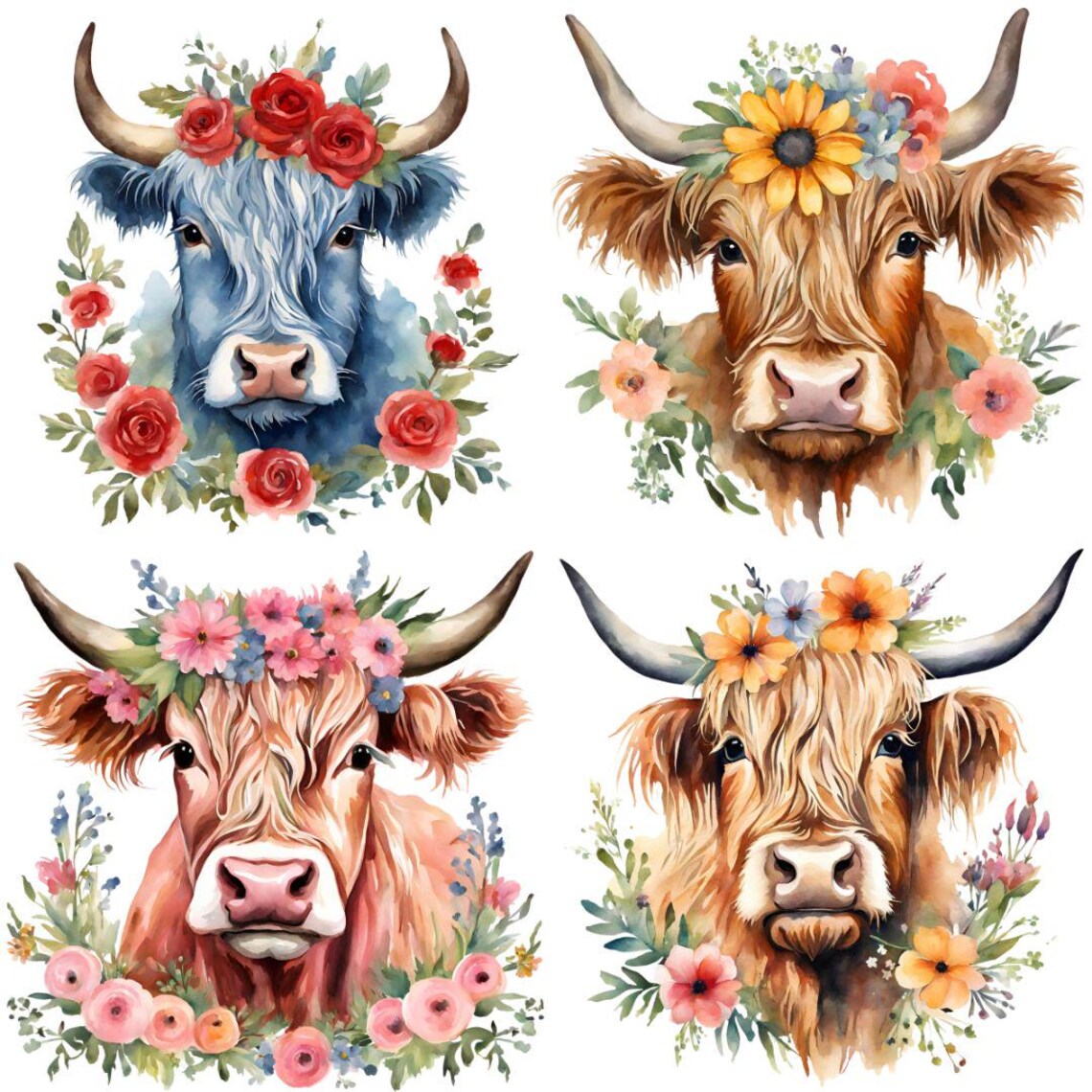 Floral Highland Cow Clipart Bundle Highland Cow Art Cute Highland Cow ...