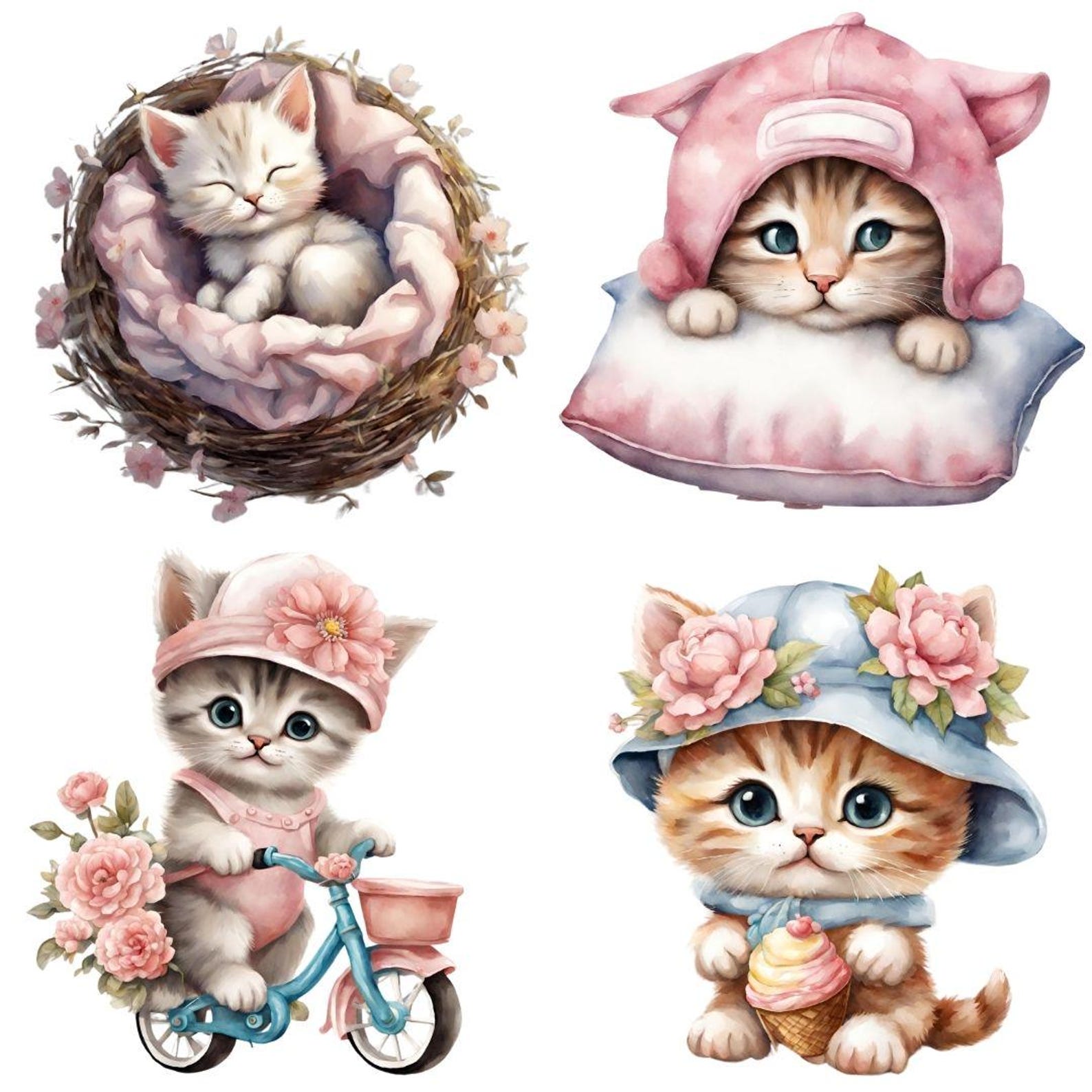 Watercolor Cute Kitten Clipart Cartoon Cats Pngs Cute Kitty Graphics ...