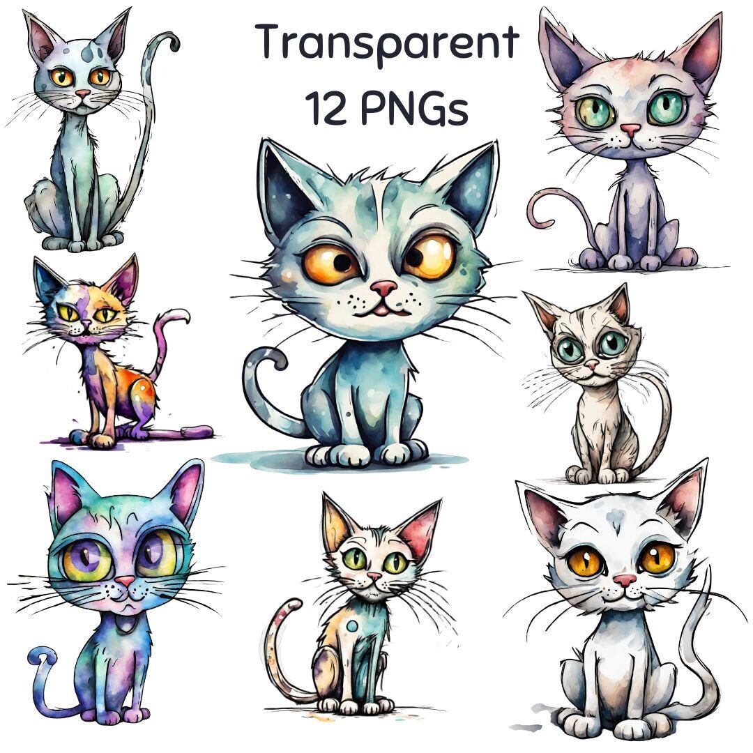 Quirky Cat Clipart PNG Whimsy Cats Kittens Sublimation Clipart Cartoon ...