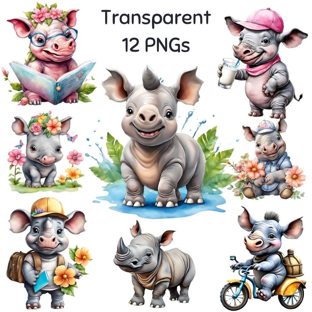Cute Rhino Clipart Cartoon Rhinoceros PNG Floral Baby Rhino Safari ...