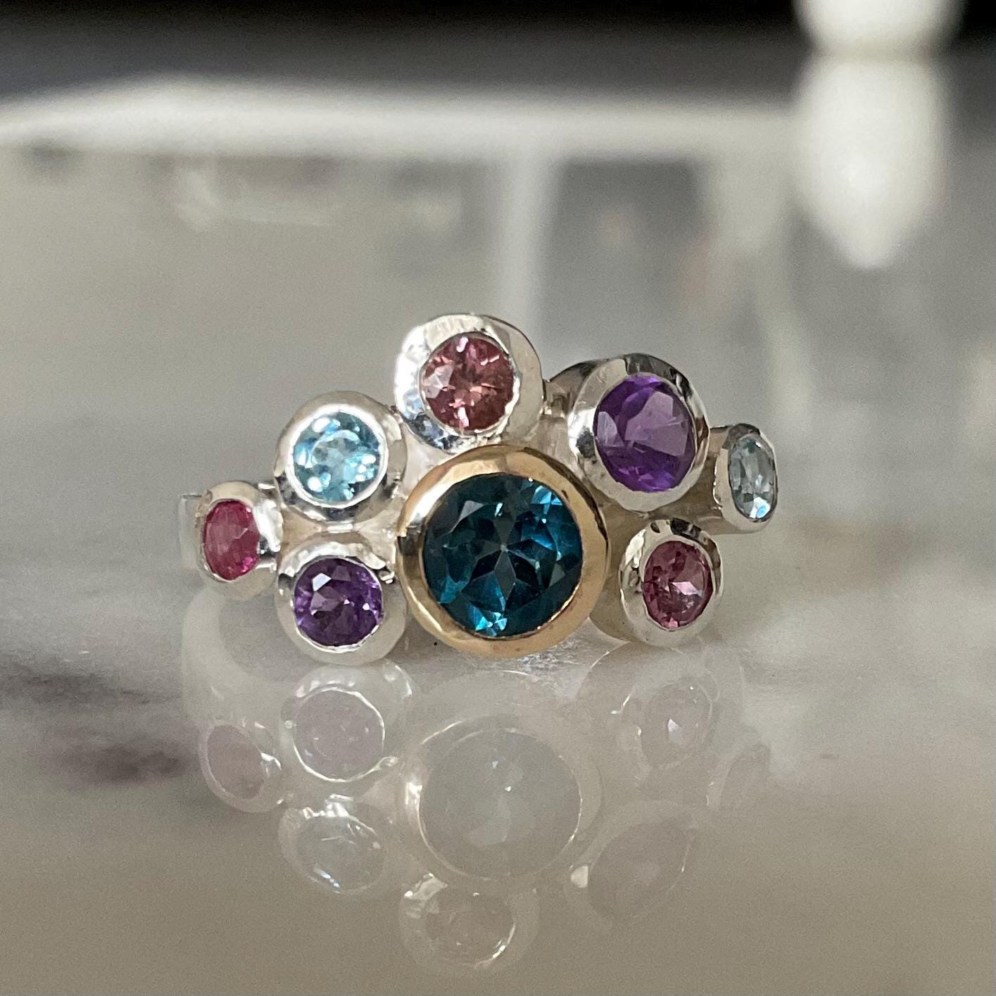 Multi Gemstone Sterling Silver Cluster Ring: Gold Detail, Handmade - Etsy