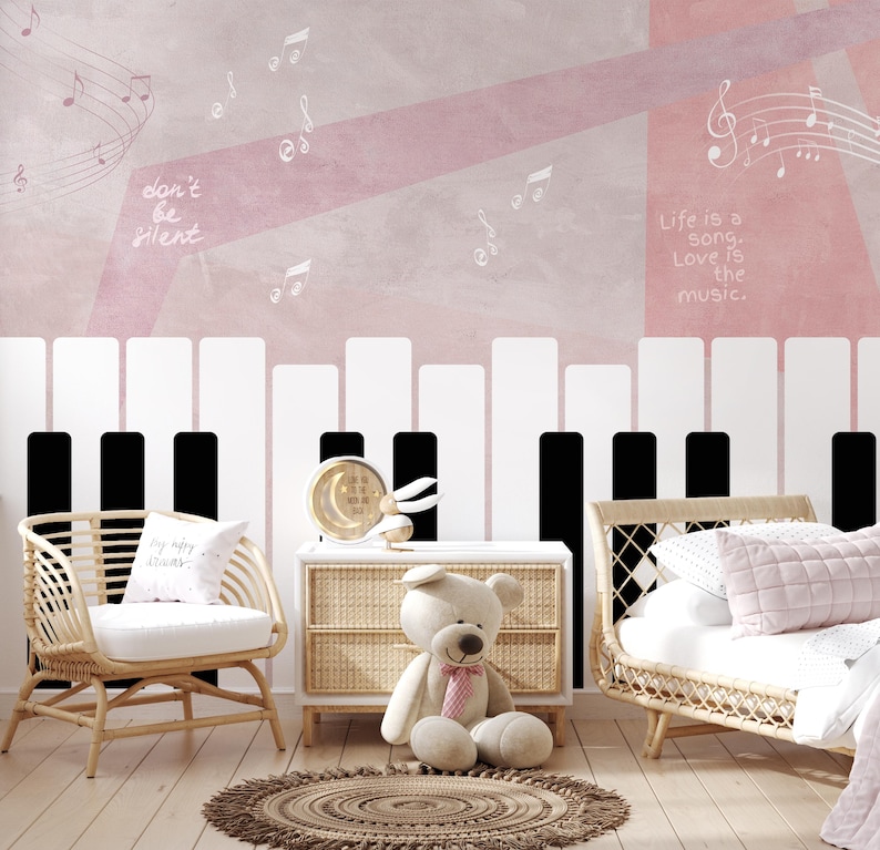 Pink Beige Piano Keys Wall Mural - Abstract Music Notes Nursery ...