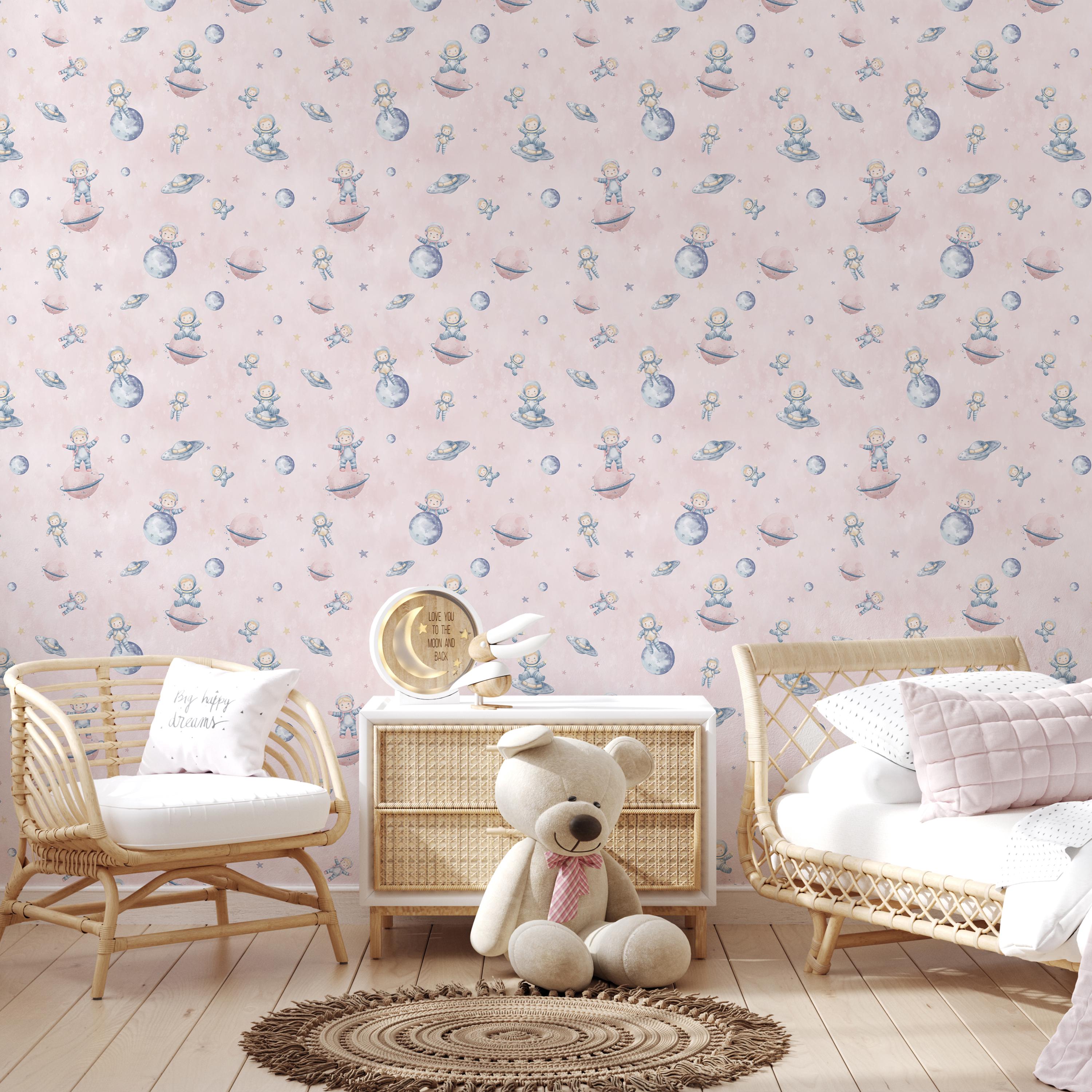 Pastel Pink Astronaut Planets Wallpaper - Nursery Space Stars Print ...