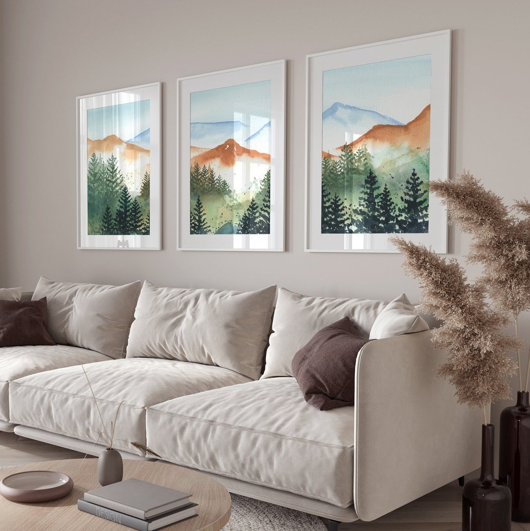 Watercolor Mountains Wall Art, Set of 3 Mountain Print, Forest Print ...