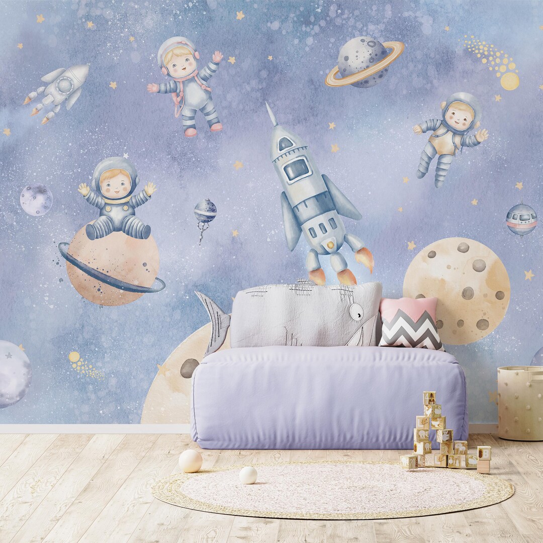 Purple Astronauts & Planets Peel and Stick Wall Mural - Pastel Space ...