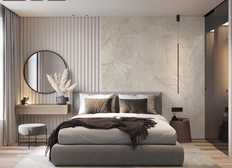 Neutral Beige Palm Leaves Wall Mural - Minimalist Tropical Line Art ...