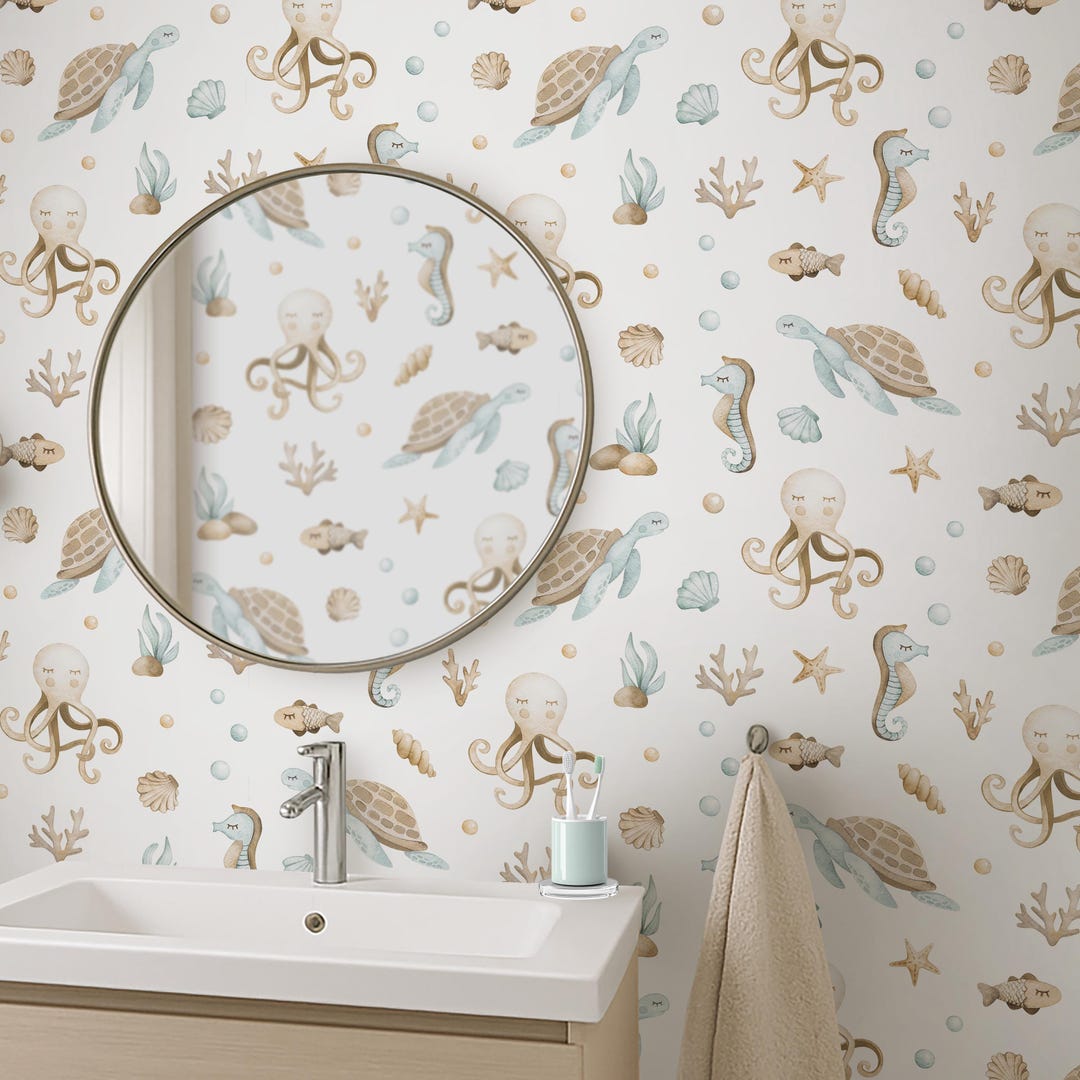 Beige Sea Creatures Peel and Stick Wallpaper - Sea Animals Nursery ...