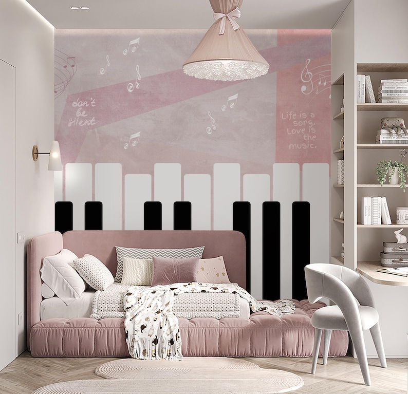 Pink Beige Piano Keys Wall Mural - Abstract Music Notes Nursery ...