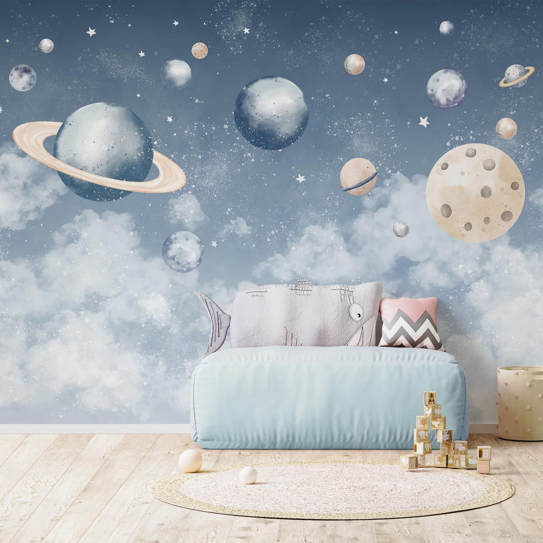 Blue Planets Stars Peel and Stick Galaxy Wall Mural - Watercolor Space ...