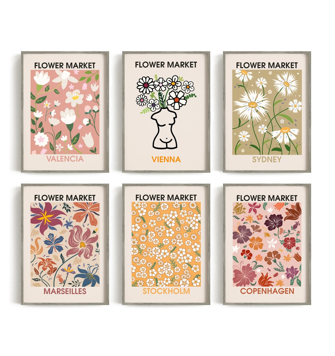 Flower Market Print, Botanical Print, Set of 6 Flower Market Prints ...