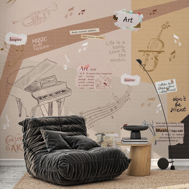 Beige Music Collage Wall Mural - Piano Violin Trumpet Removable Decor ...