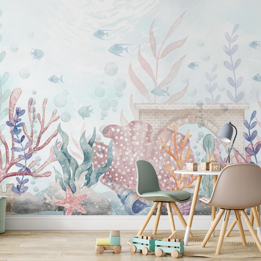 Ocean Coral Reef Wall Mural - Under the Sea Watercolor Removable Peel ...