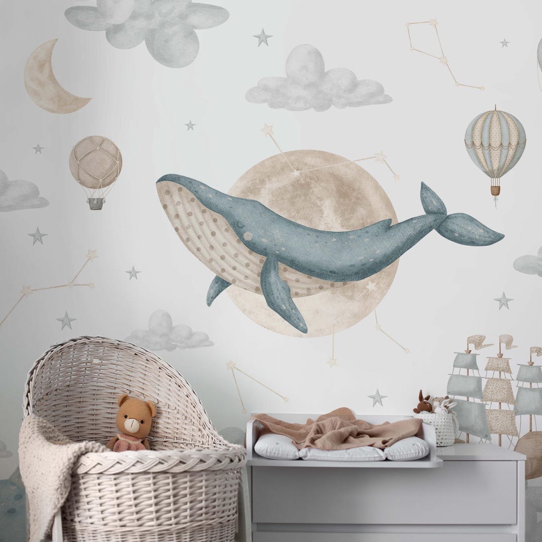 Whale Moon Sky Cloud Peel & Stick Wall Mural - Kids Boys Girls Room ...
