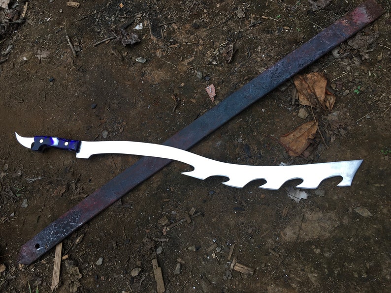 Hand Forged Serrated Chopper Sword With Beautiful Purple Acrylic Handle ...