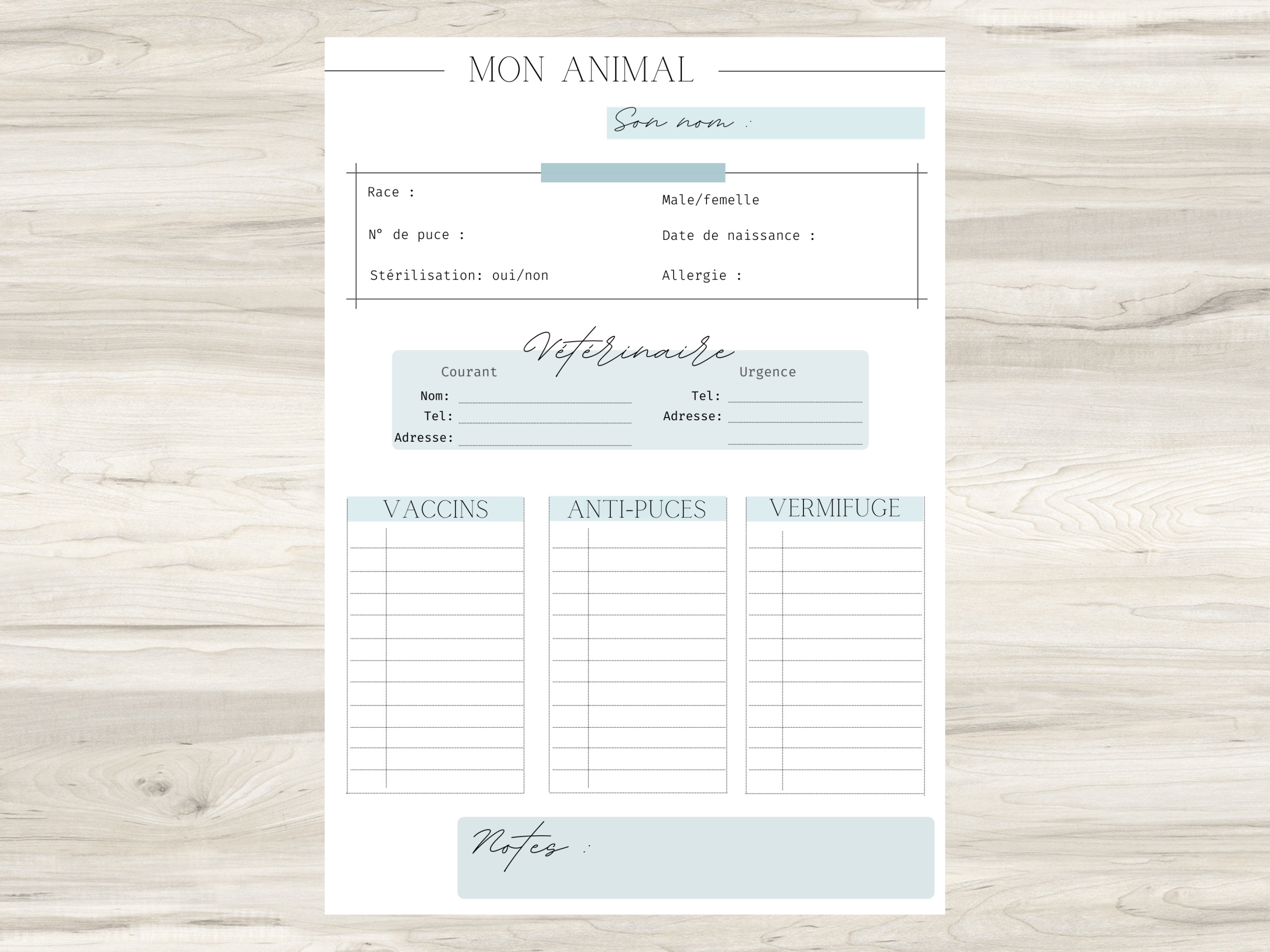 Fiche renseignements mon animal à imprimer/ telecharger | Etsy