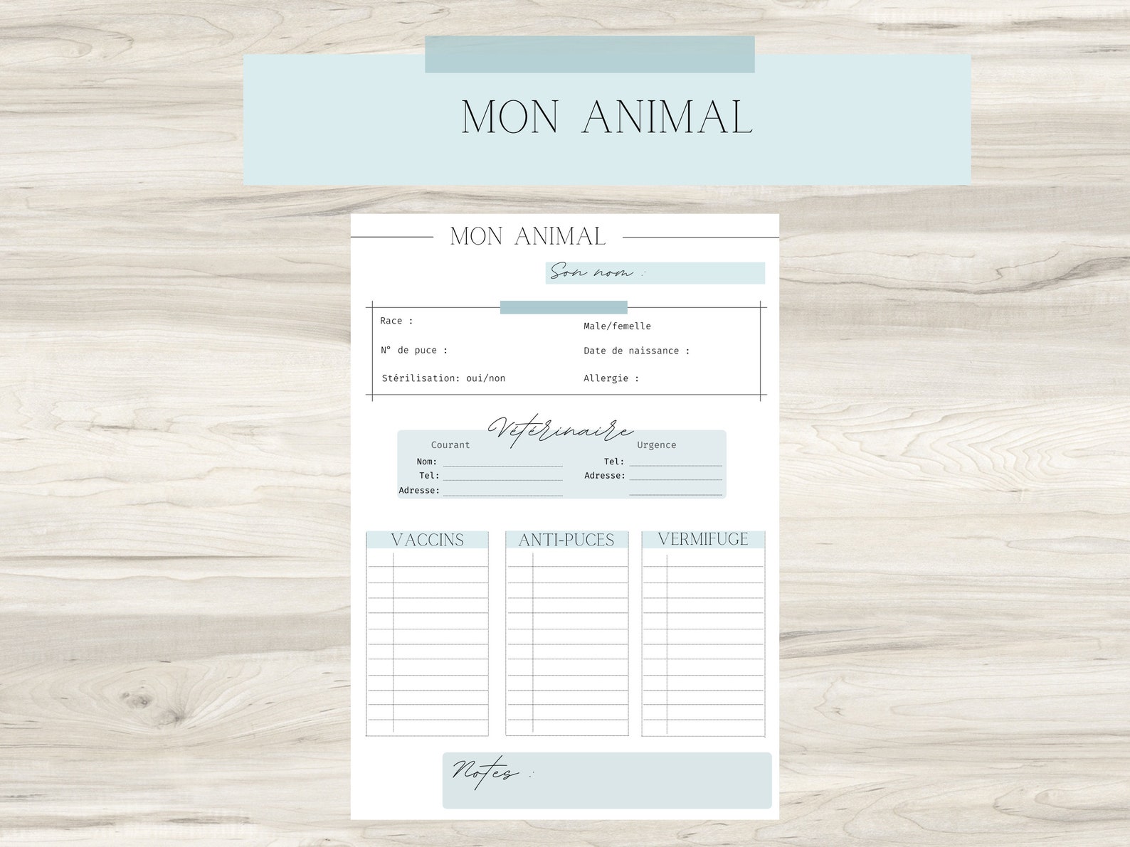 Fiche renseignements mon animal à imprimer/ telecharger | Etsy