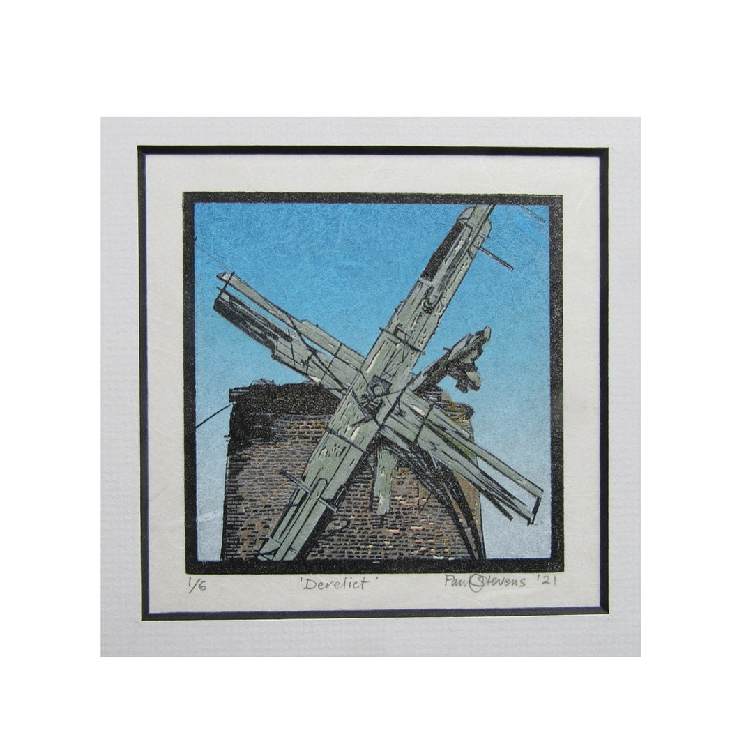 Original Linocut derelict, Brograve Mill, Norfolk Broads, Reduction ...