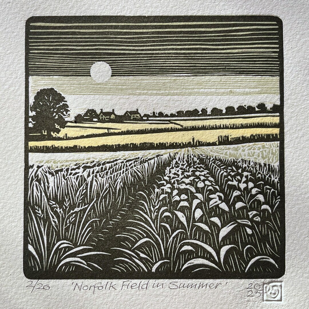 Original Linocut "norfolk Field in Summer", Landscape, Summer, View ...