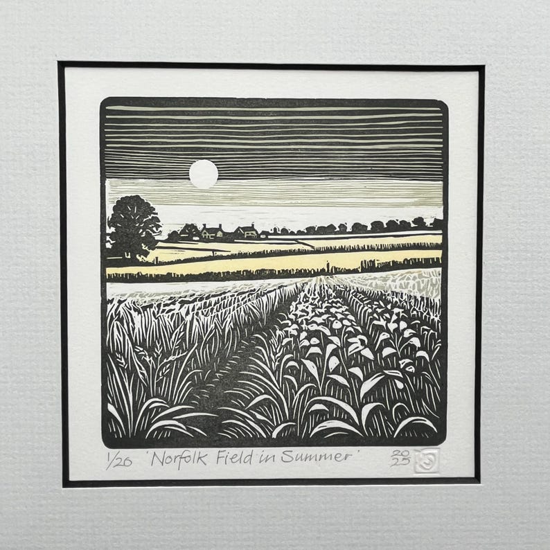 Original Linocut "norfolk Field in Summer", Landscape, Summer, View ...