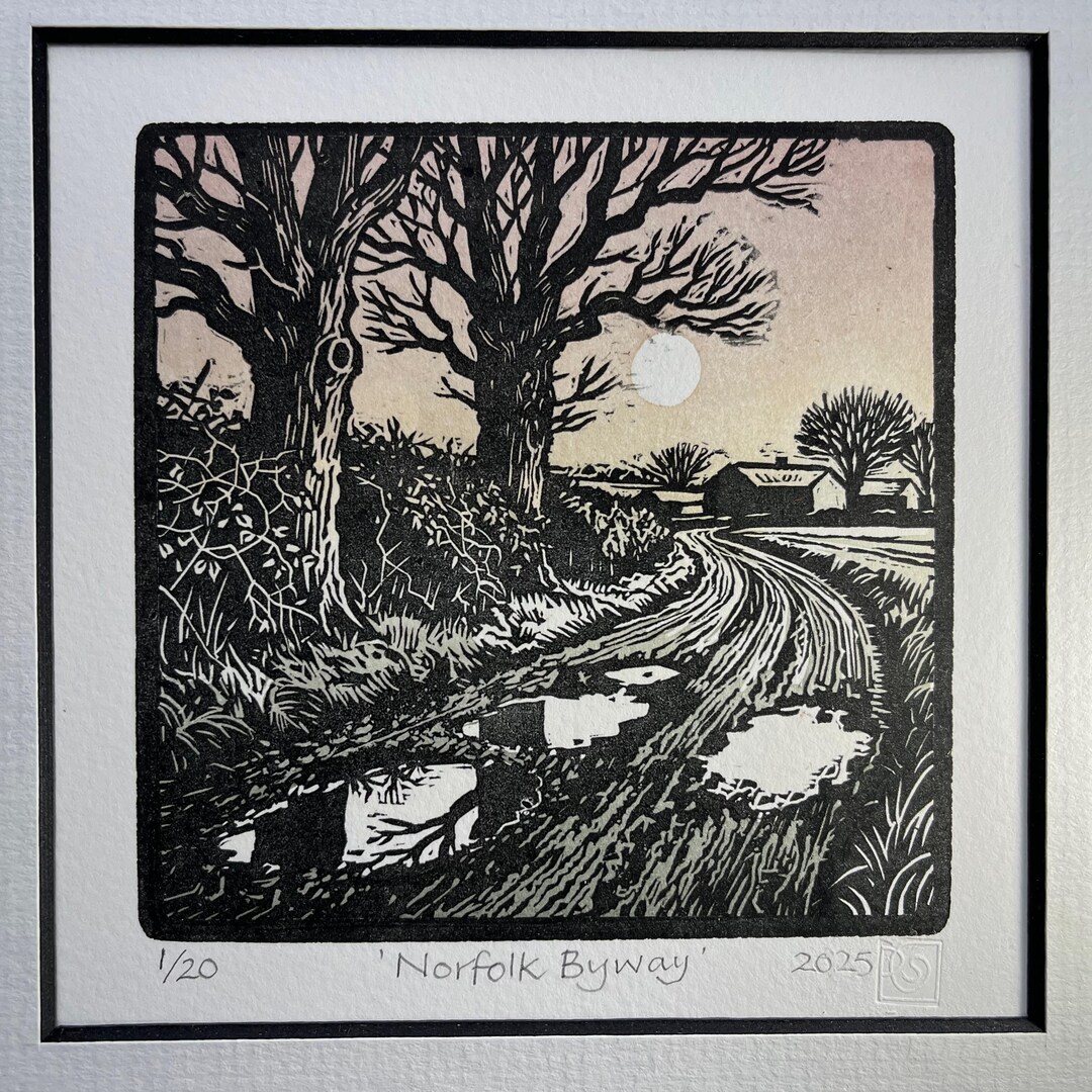 Original Linocut "norfolk Byway", by Paul Stevens, Landscape, Optional ...