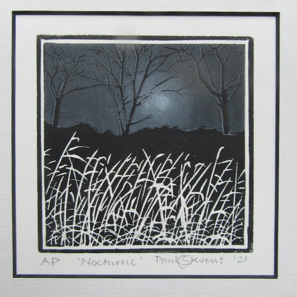 Original Linocut "nocturne", Norfolk Broads Landscape, Reduction Print ...