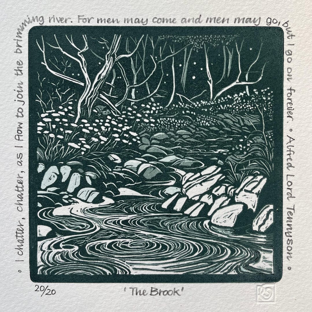 Original Linocut the Brook, Night Landscape, Reduction Print, Stream ...