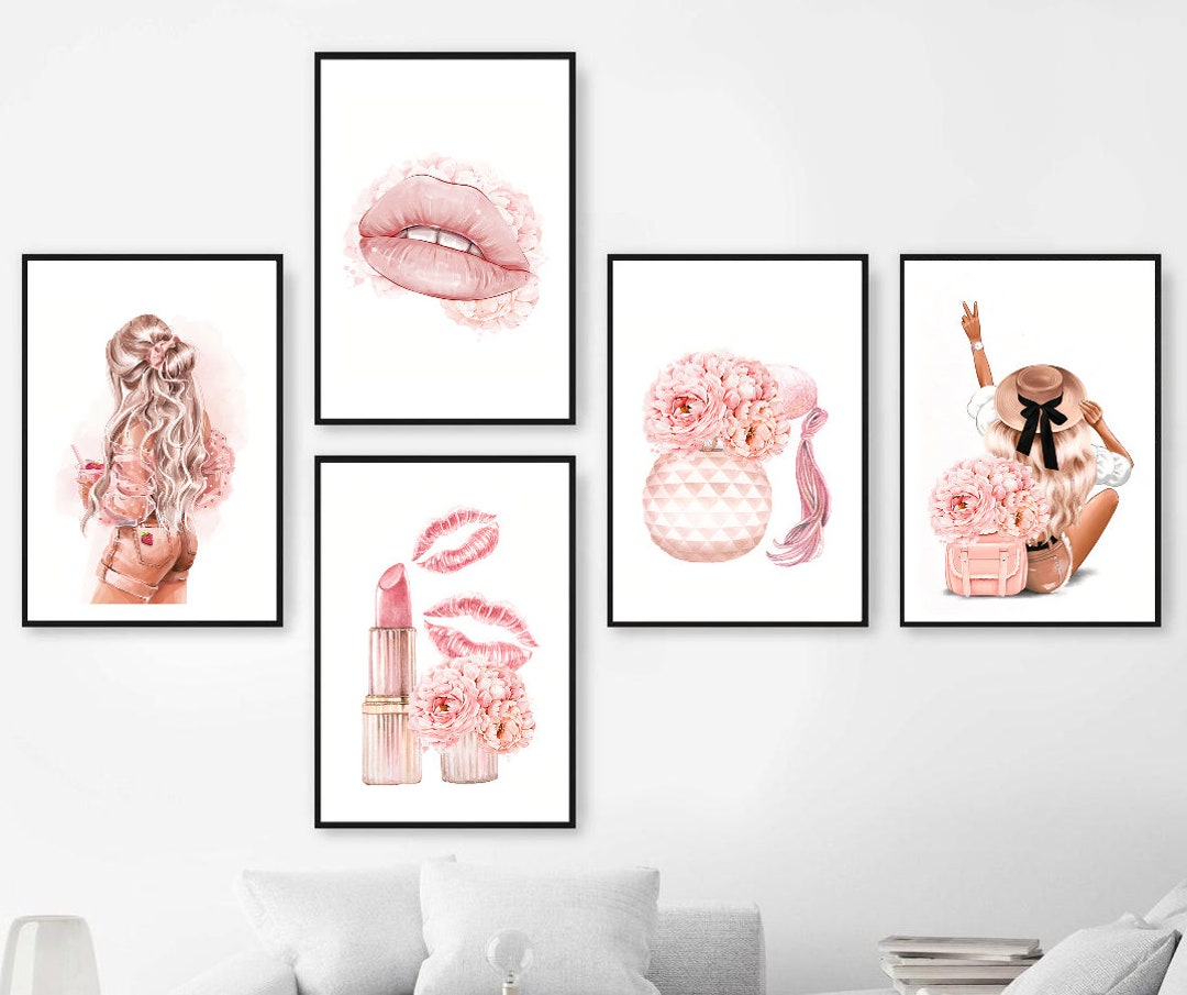 Set of 5 Pink Perfume Bottle Prints Fashion Art Prints Dressing Room ...