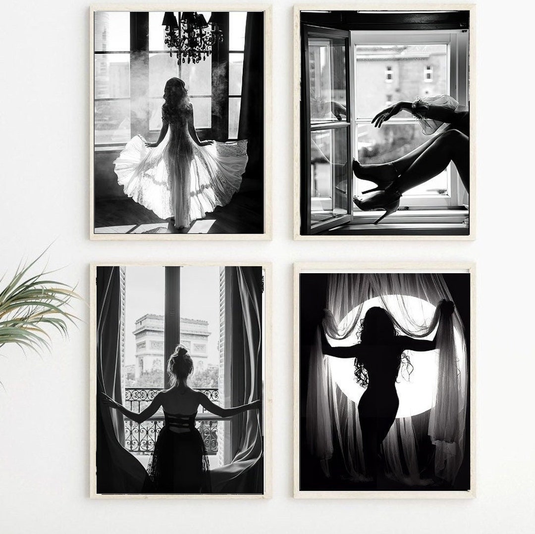 Set of 4 Lady Window Black Fashion Art Prints Girls Fashion Prints ...