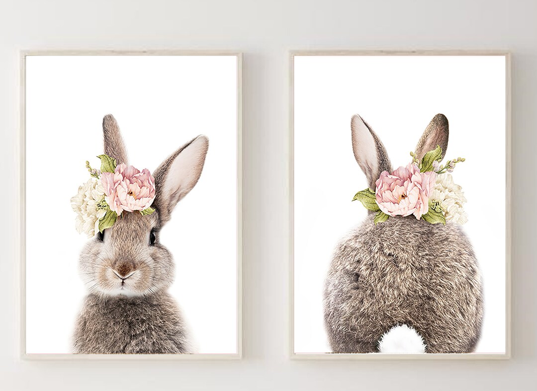Set of 2 Bunny Rabbit Print Pink Flowers Home Decor Wall Art Prints A4 ...