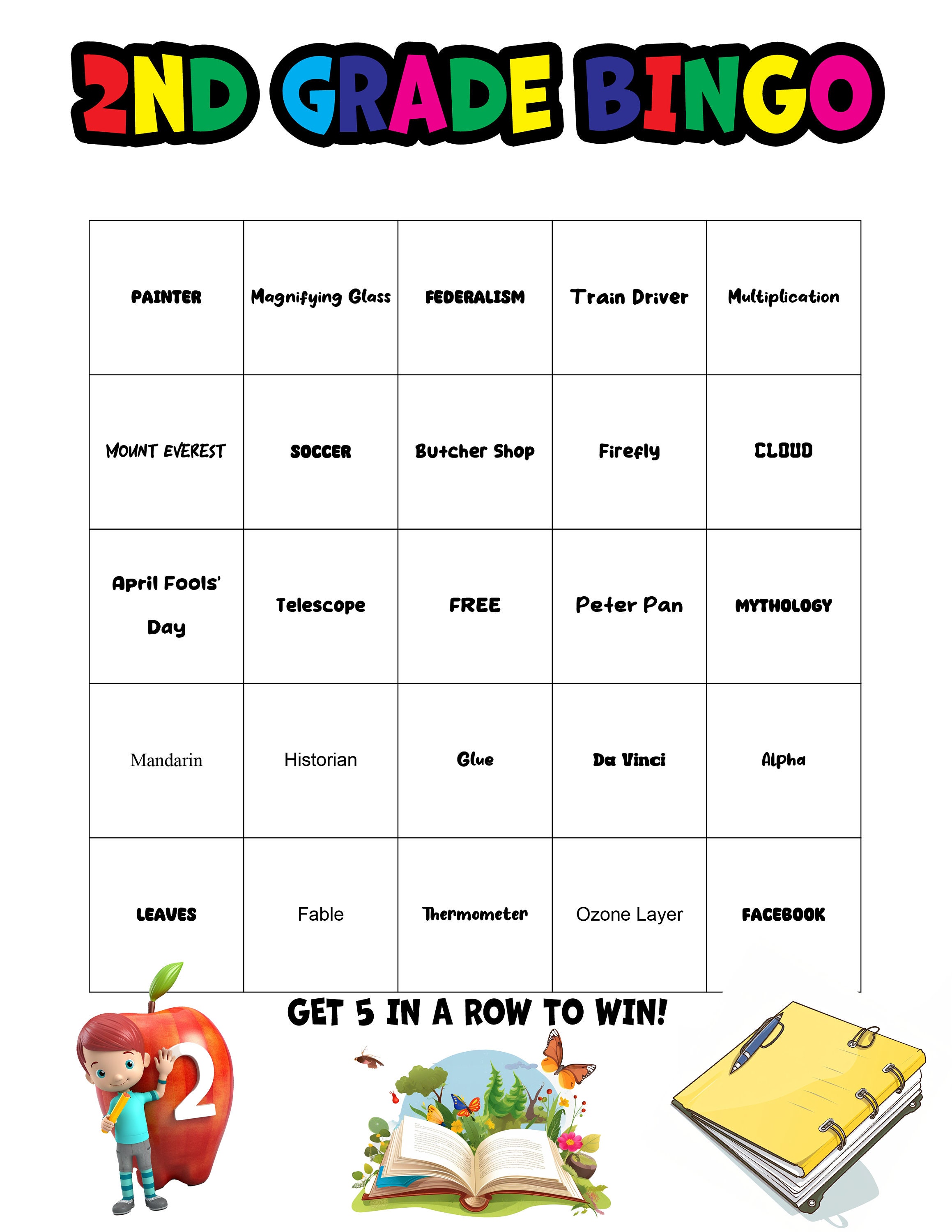 2nd Grader Bingo Bonanza Digital Downloadable Bingo Game, 50 Unique ...