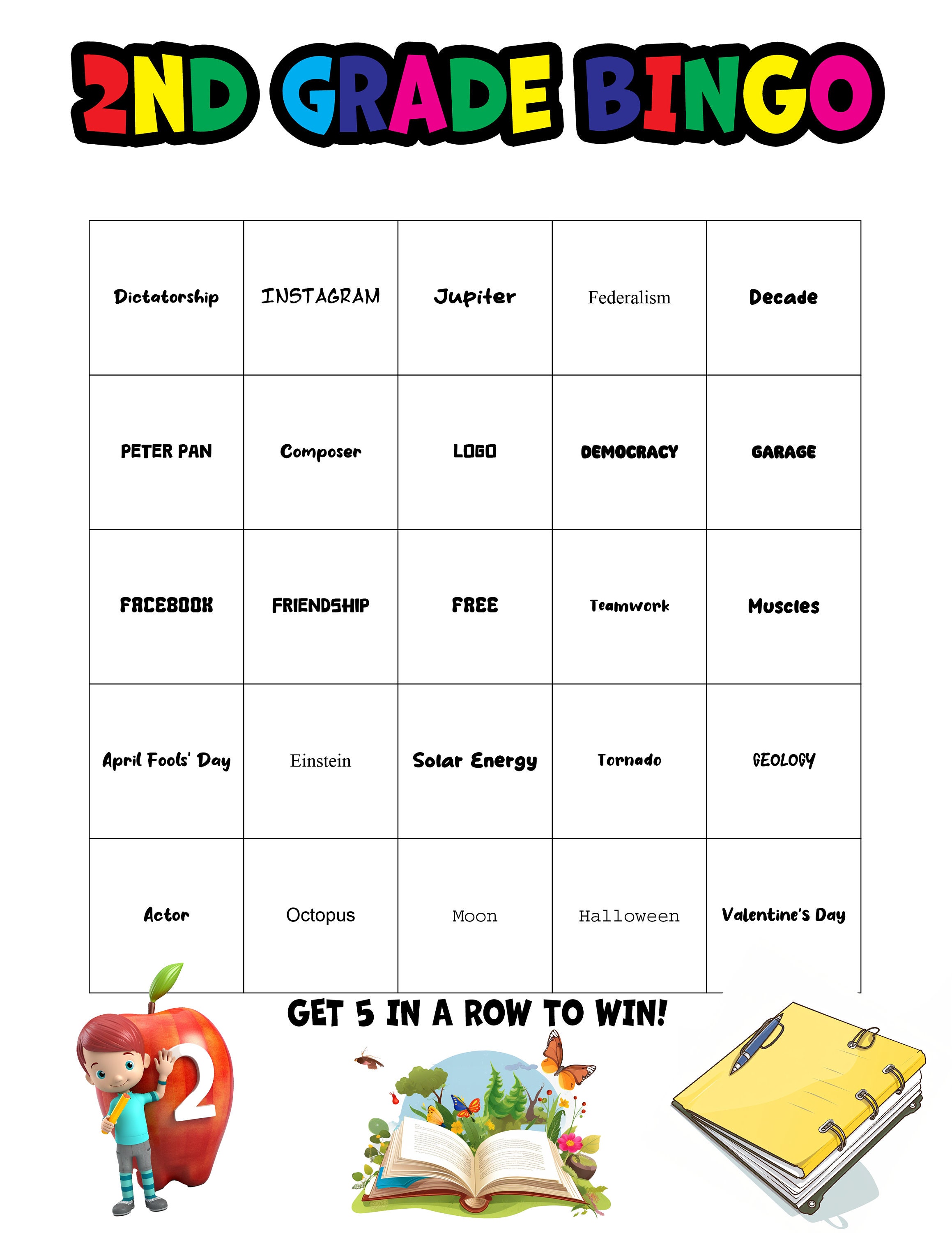 2nd Grader Bingo Bonanza Digital Downloadable Bingo Game, 50 Unique ...