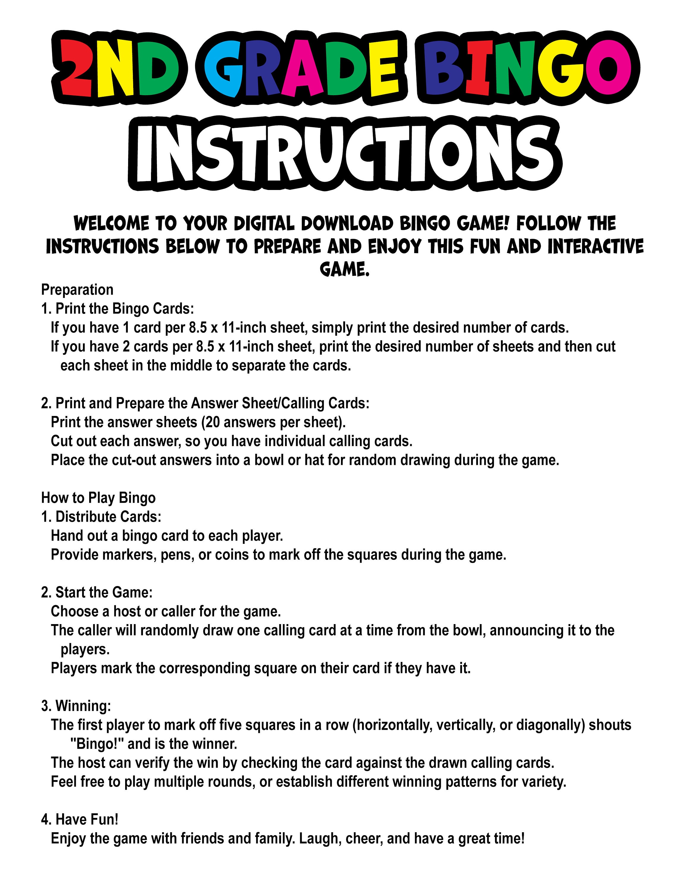 2nd Grader Bingo Bonanza - Digital Downloadable Bingo Game, 50 Unique ...