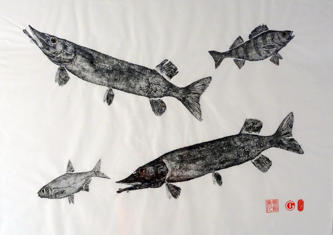 Gyotaku Fish Print, Pike, Perch, Roach, Silver Bream, Original Japanese ...
