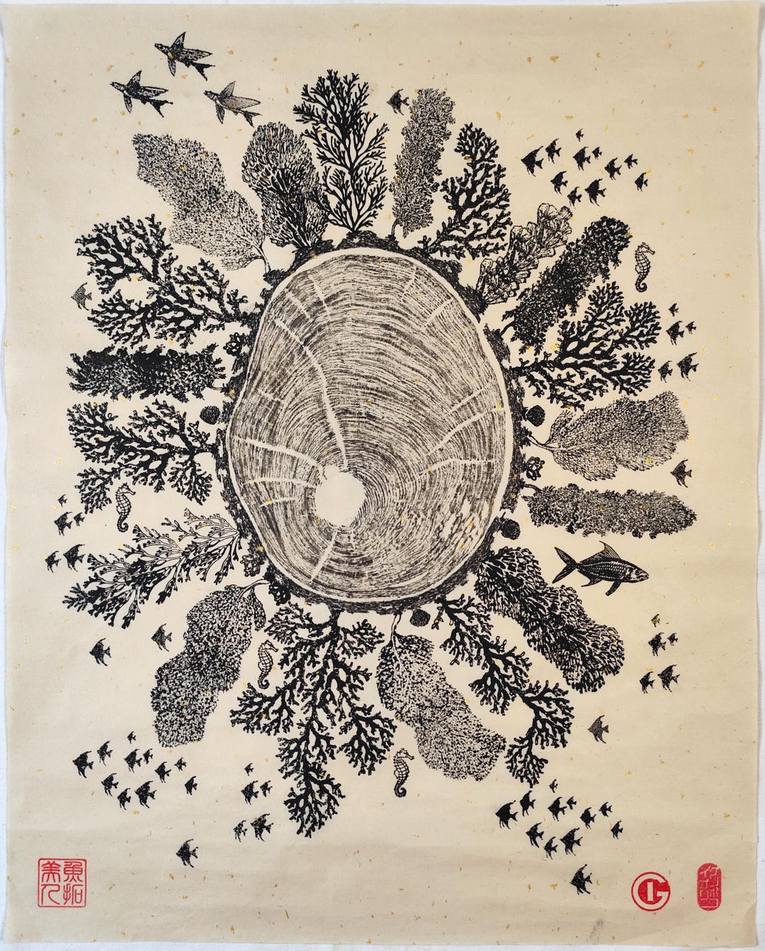 Tree Ring Prints, Lino Print, Gyotaku, Coral Stump Prints, Nature Decor ...