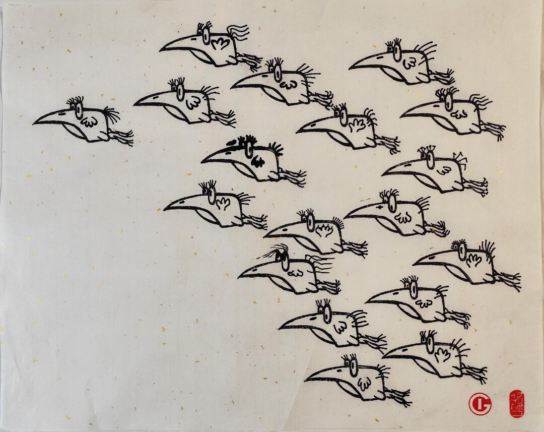 Happy Crows, Linocut Art, Rice Paper, Crow Stump Prints, Nature Decor ...