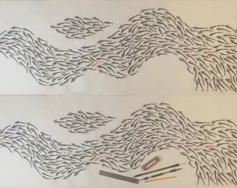 Linocut Fish, Fish Flock, Gold Leaf, Fish Stump Prints, Nature Decor ...