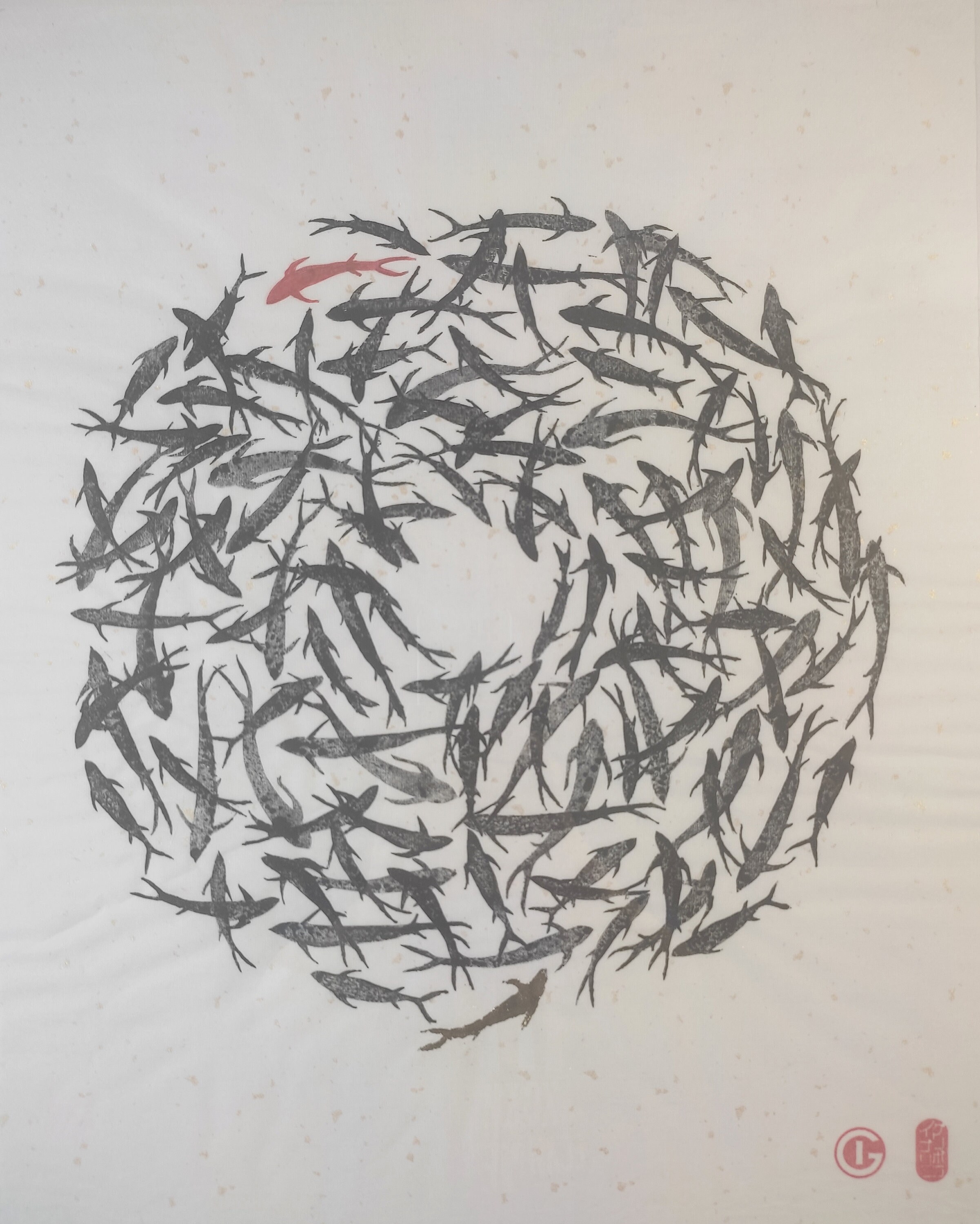 Linocut Fish, Fish Flock, Gold Leaf, Fish Stump Prints, Nature Decor ...