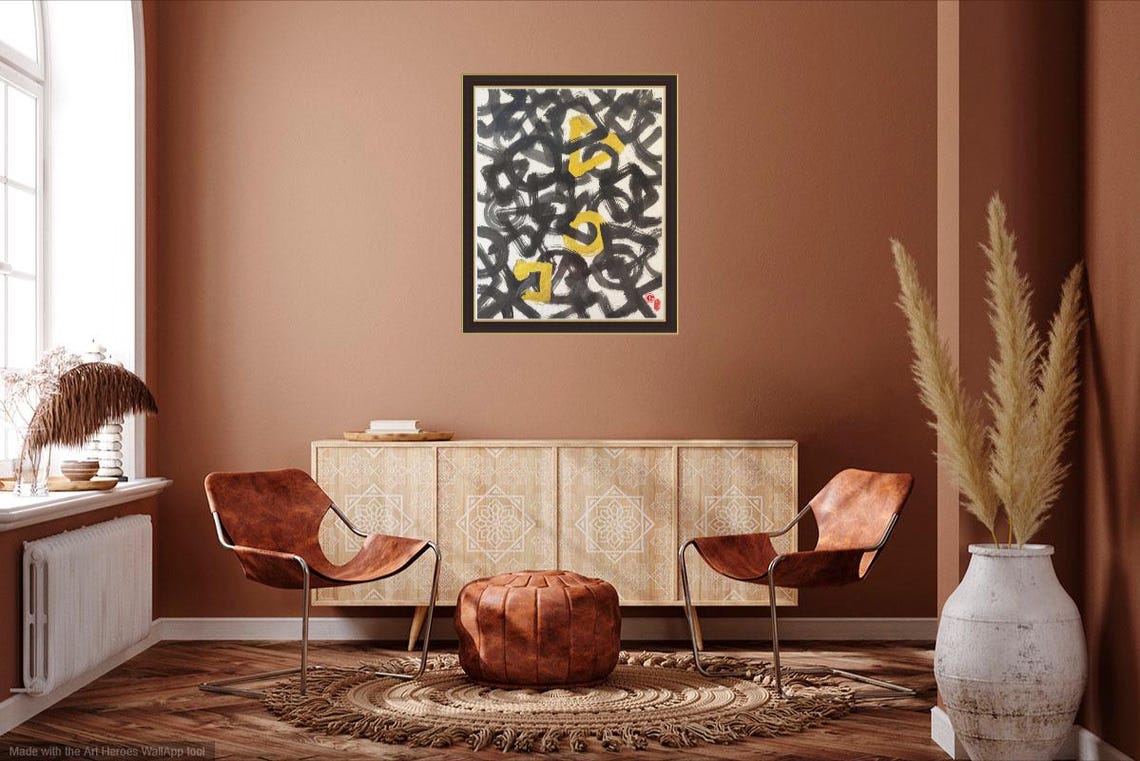 Japanese Zen Ink Painting, Gold Foil Beige, Rice Paper Art - Etsy